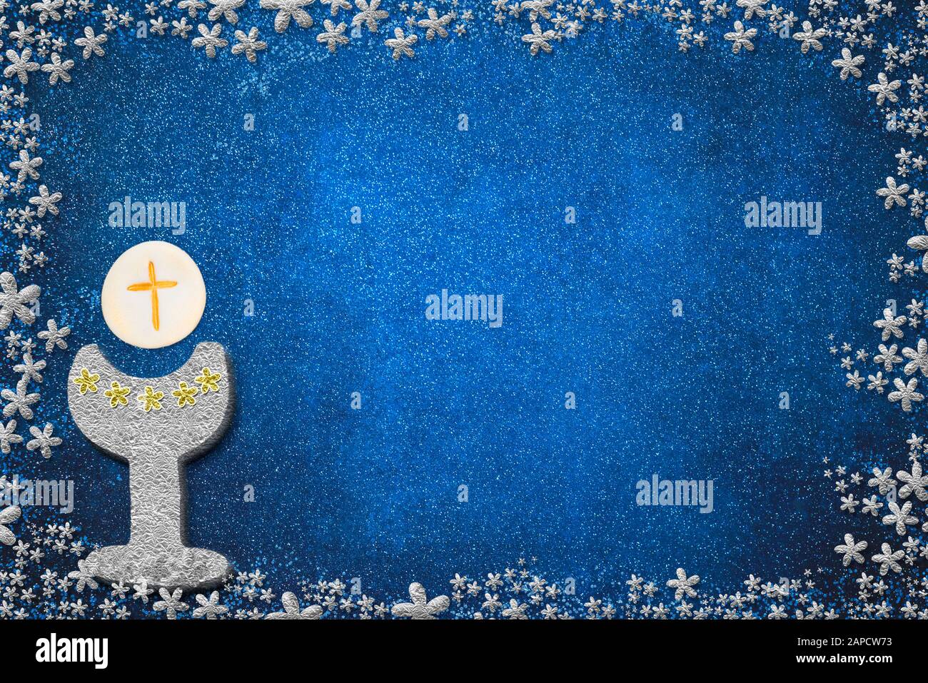 First holy communion invitation card. Silver chalice on blue blur paper ...