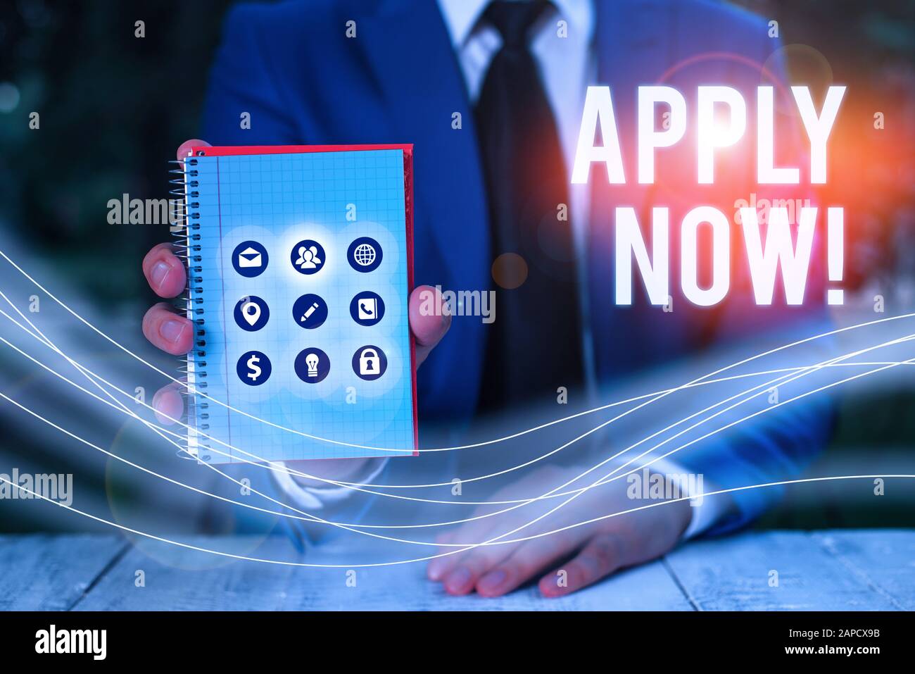 Writing note showing Apply Now. Business concept for request something ...