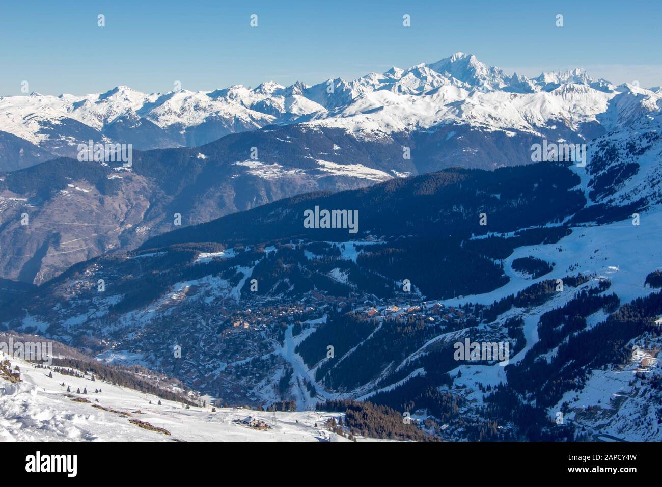 Courchevel view Mont Blanc massif background sunset with snowy mountain ...