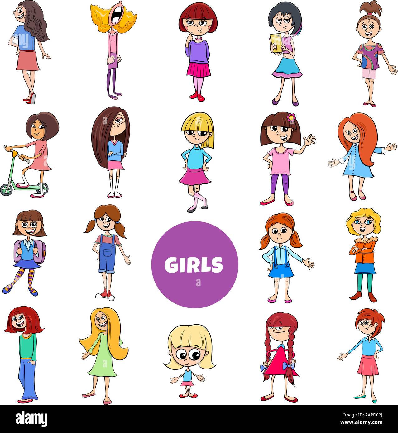 Cartoon Illustration of Elementary Age Girls Children or Teenager ...