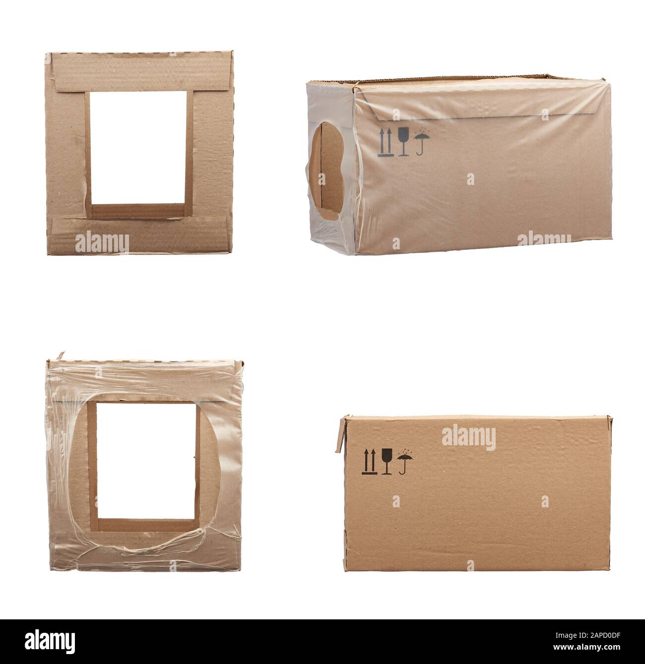 set of rectangular boxes made of brown cardboard isolated on a white ...