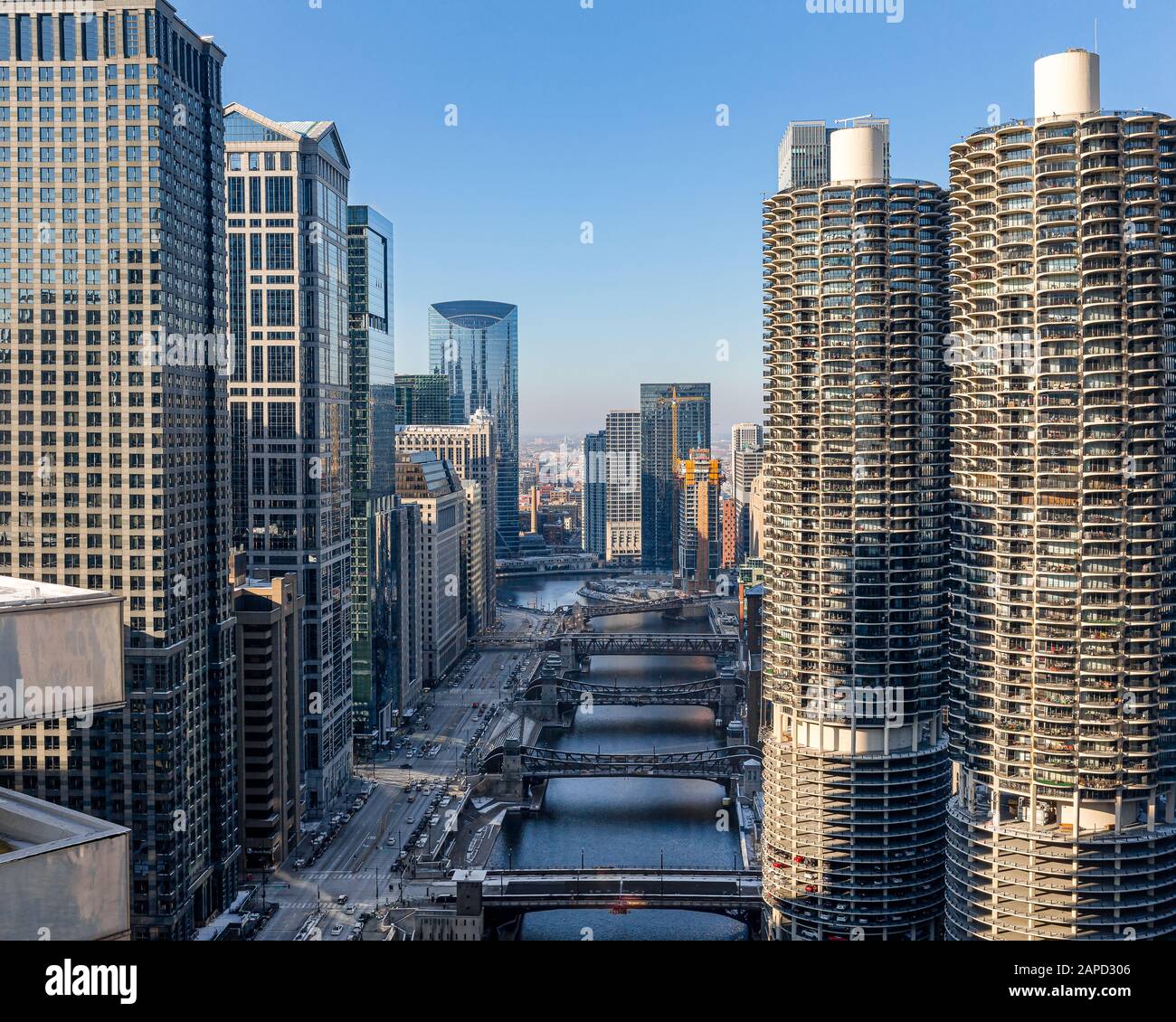 Dramatic view of Chicago's diverse architecture, looking west along the ...