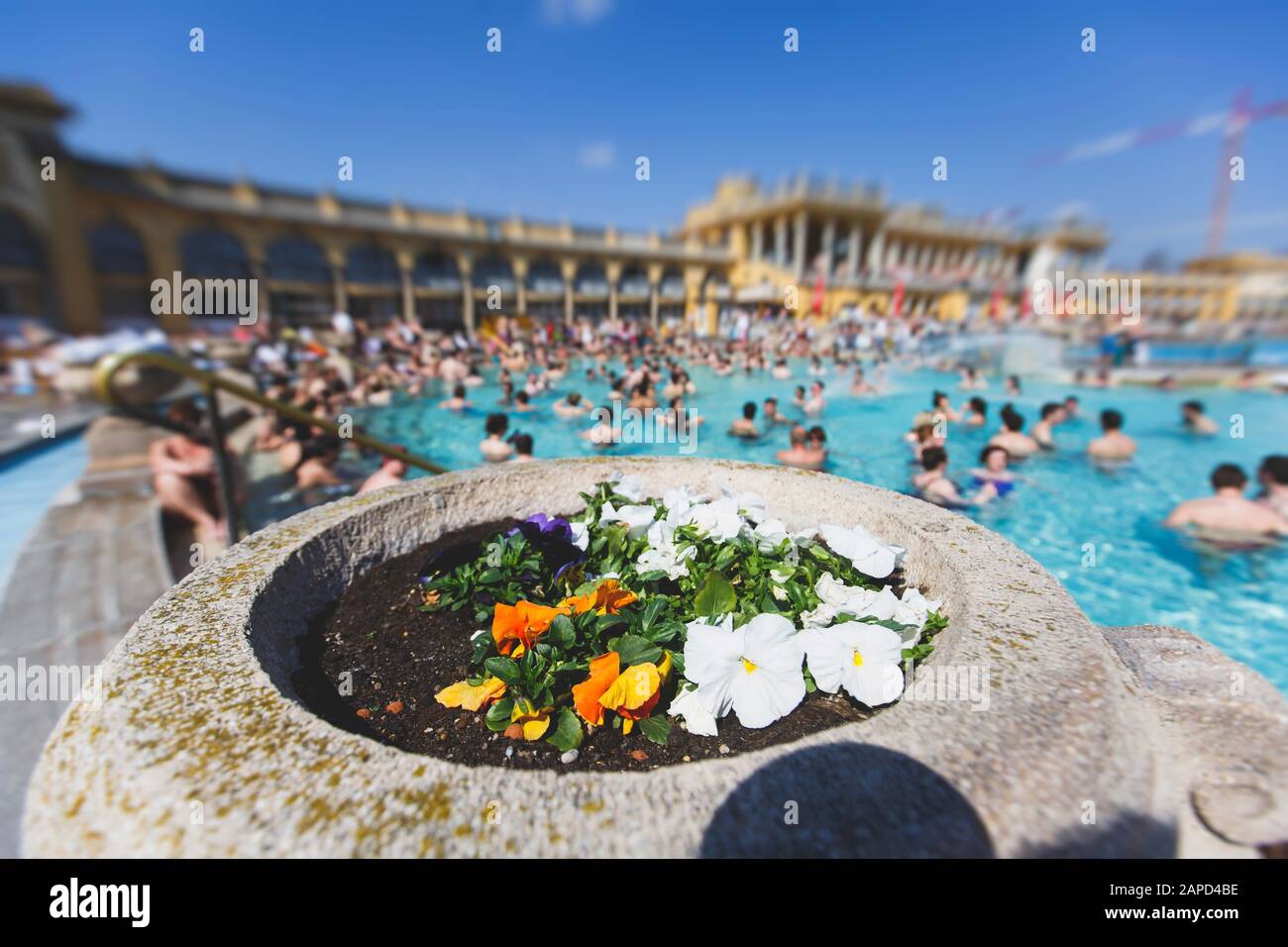 Budapest Spa Szechenyi Thermal Bath spa swimming pool with blue sky in ...