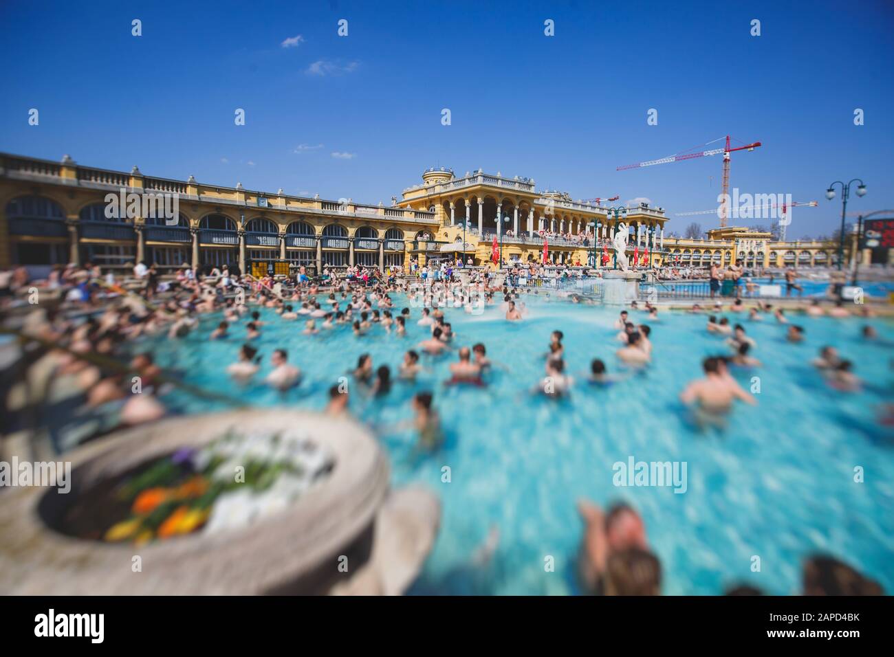Budapest Spa Szechenyi Thermal Bath spa swimming pool with blue sky in ...