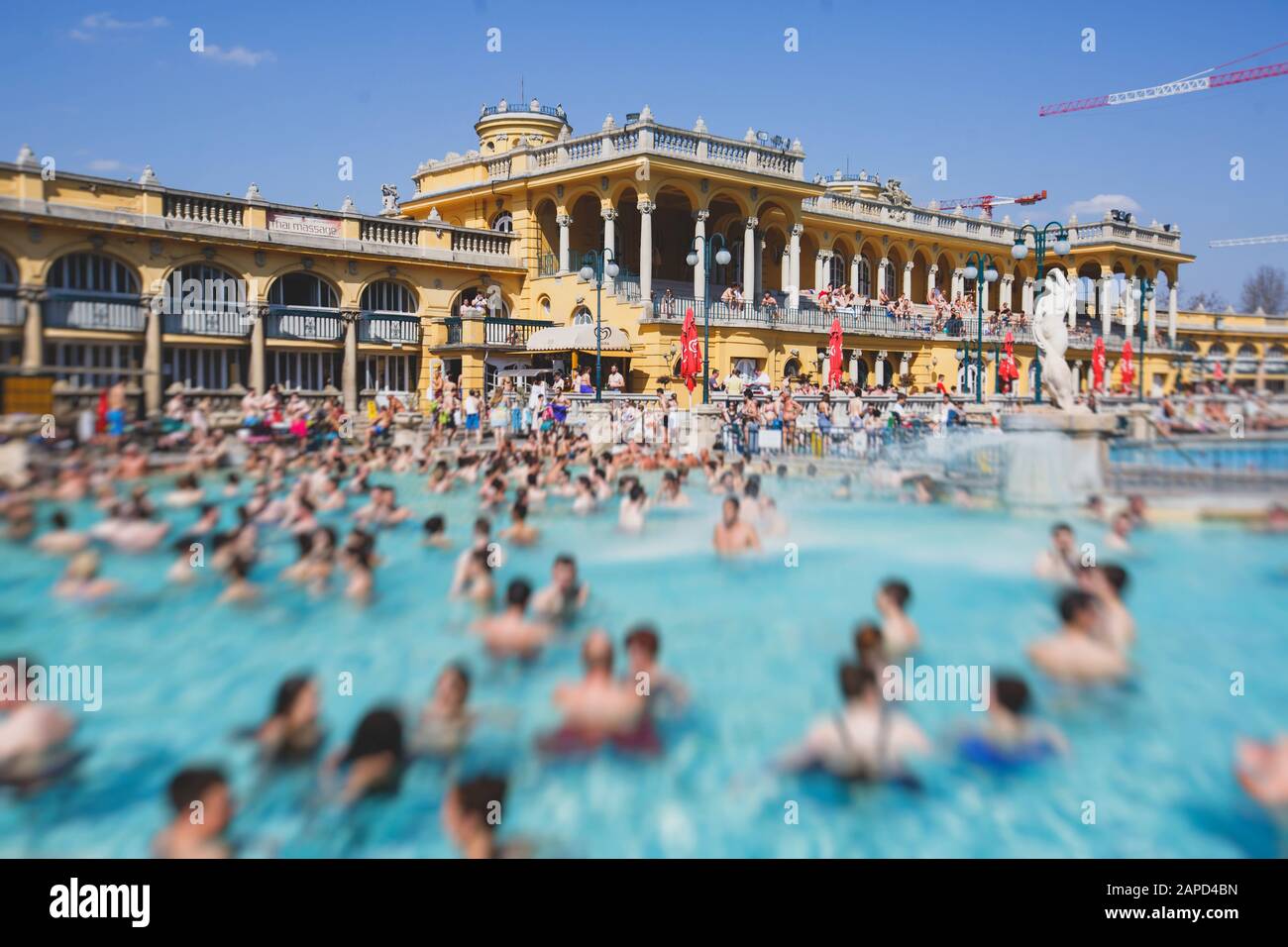 Budapest Spa Szechenyi Thermal Bath spa swimming pool with blue sky in ...