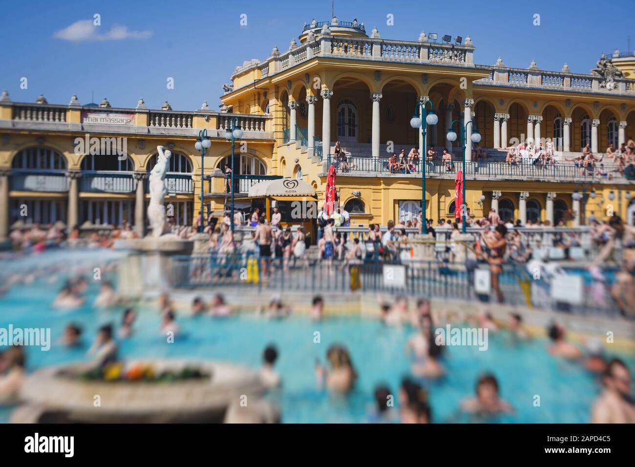 Budapest Spa Szechenyi Thermal Bath spa swimming pool with blue sky in ...