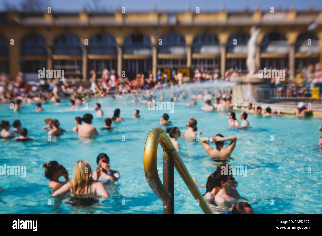 Budapest Spa Szechenyi Thermal Bath spa swimming pool with blue sky in ...