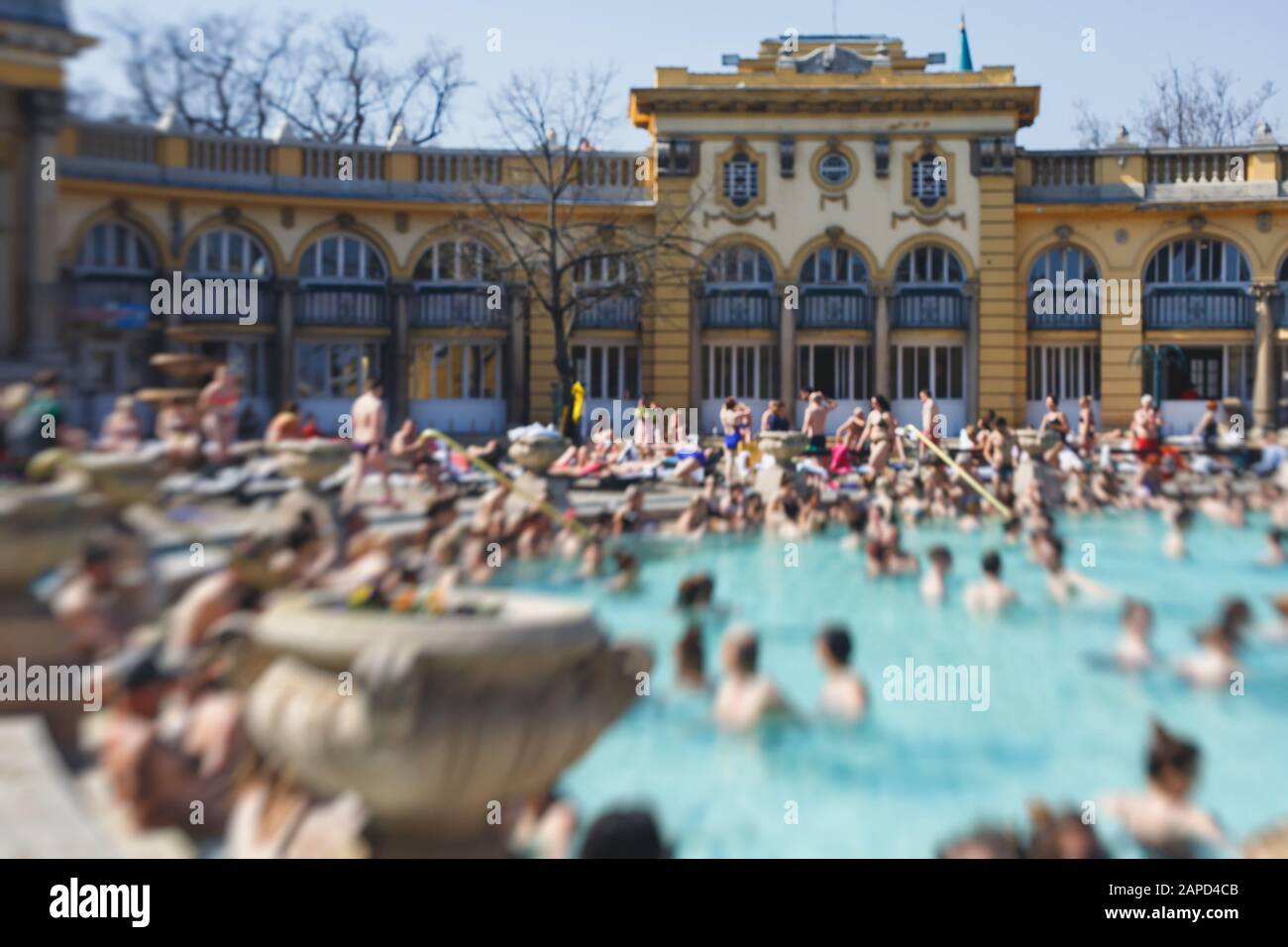 Budapest Spa Szechenyi Thermal Bath spa swimming pool with blue sky in ...