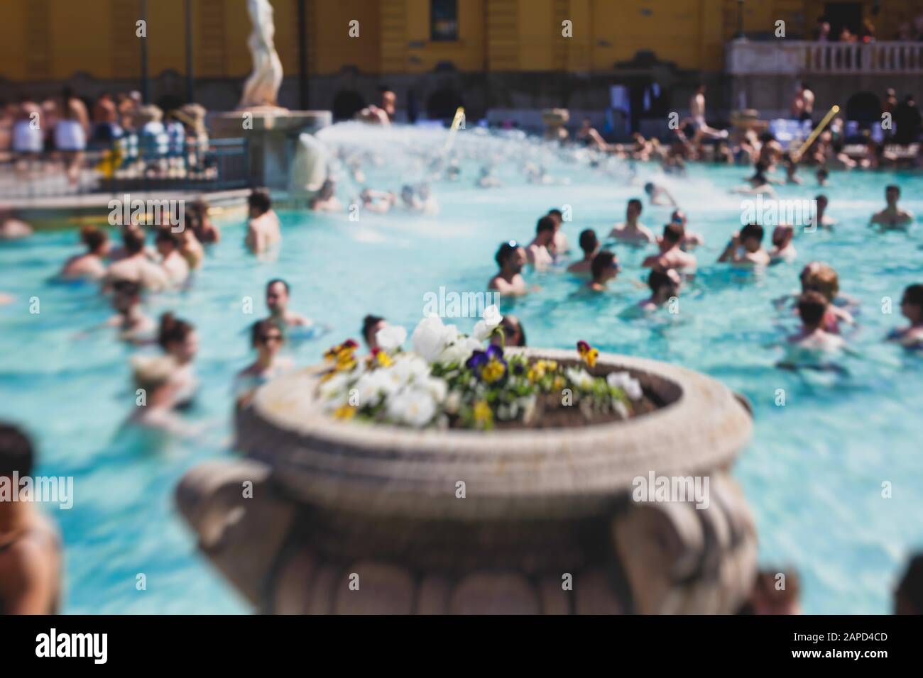 Budapest Spa Szechenyi Thermal Bath spa swimming pool with blue sky in ...