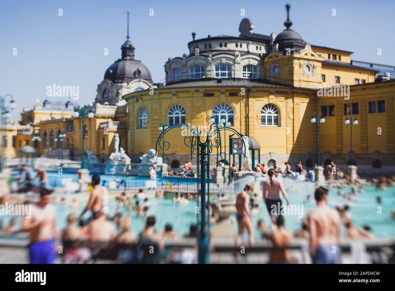 Budapest Spa Szechenyi Thermal Bath spa swimming pool with blue sky in ...