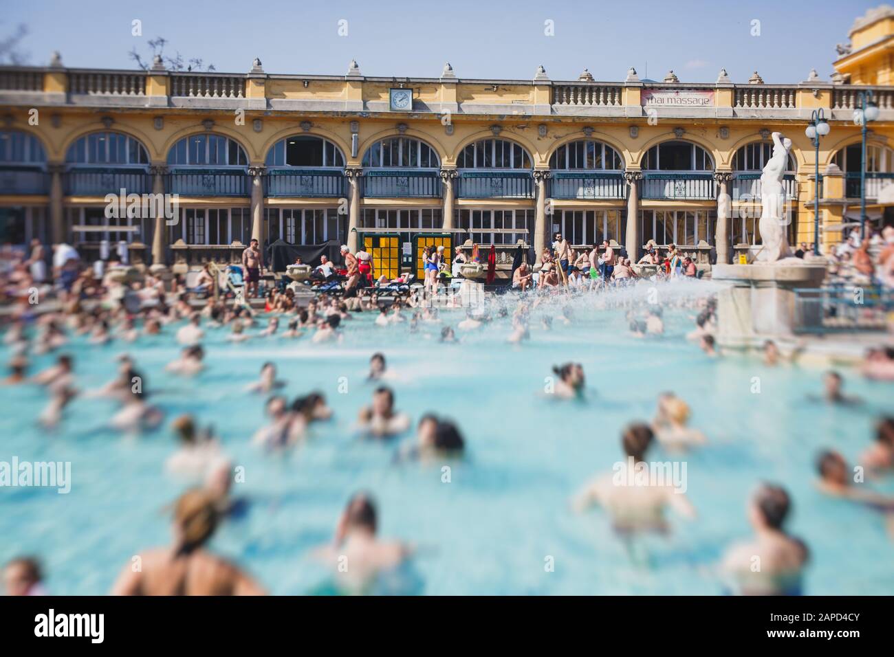 Budapest Spa Szechenyi Thermal Bath spa swimming pool with blue sky in ...