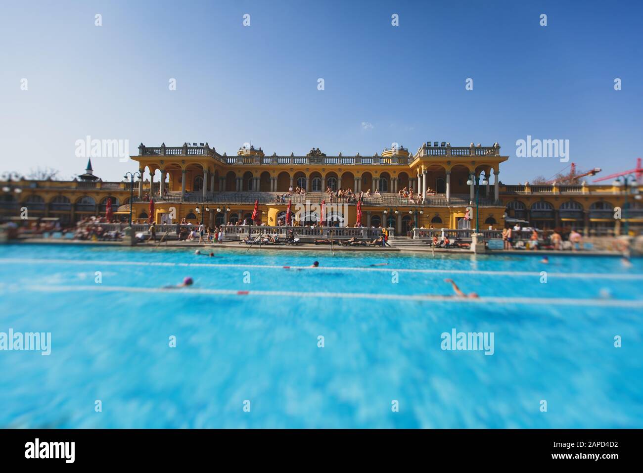 Budapest Spa Szechenyi Thermal Bath spa swimming pool with blue sky in ...