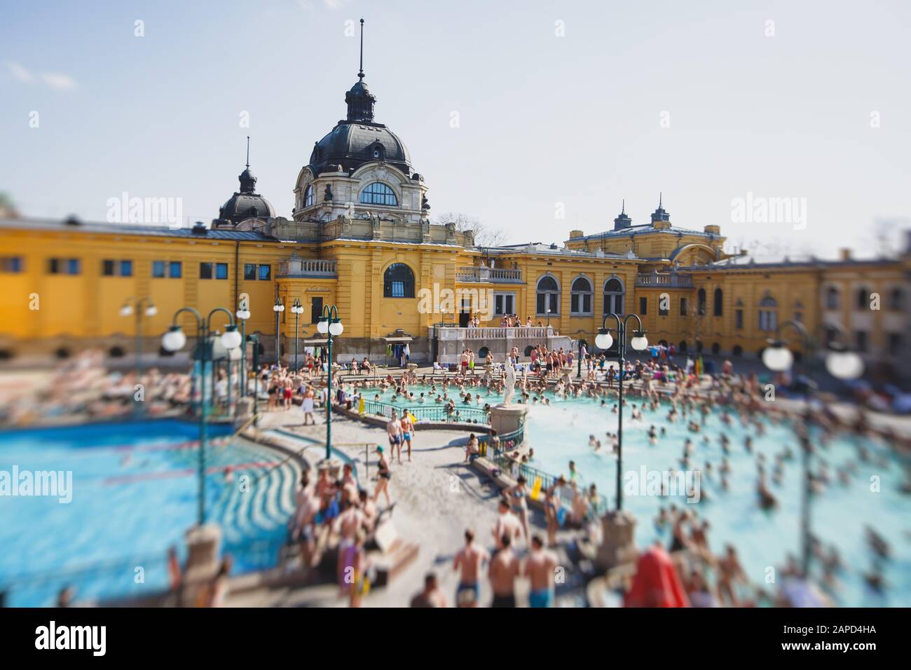 Budapest Spa Szechenyi Thermal Bath spa swimming pool with blue sky in ...