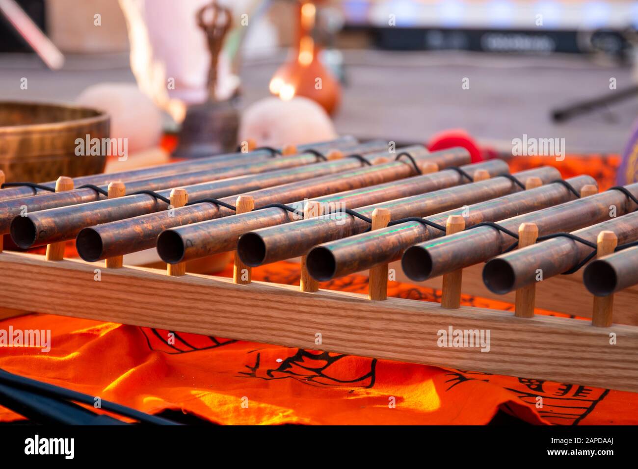 Close up of musical instrument, metal pipe xylophone Stock Photo - Alamy