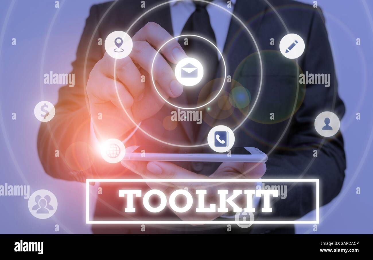 Writing note showing Toolkit. Business concept for set of tools kept in ...