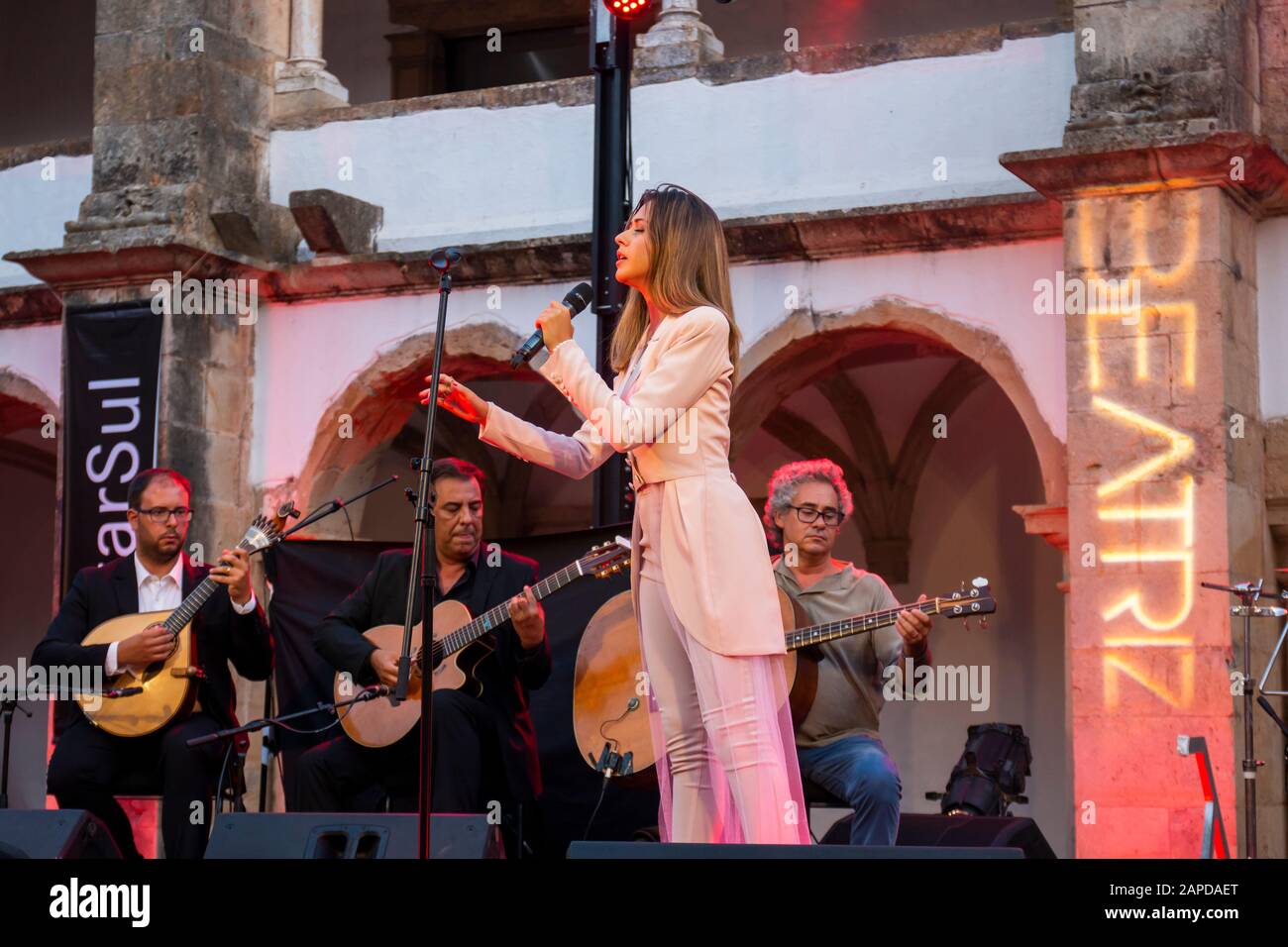 FARO, PORTUGAL: 5th SEPTEMBER, 2019 - Beatriz singer and her band, performs on Festival F, a big ...