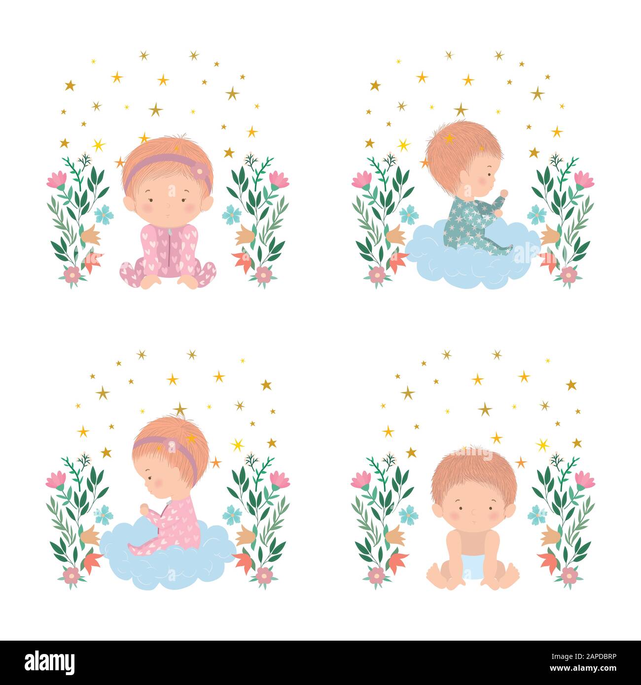Set of cute babies with flowers and leaves vector design Stock Vector ...