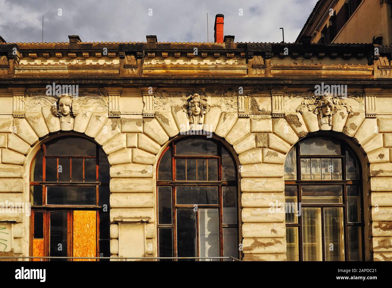 Prague buildings, three arches and Mascons at the main Prague Railway ...
