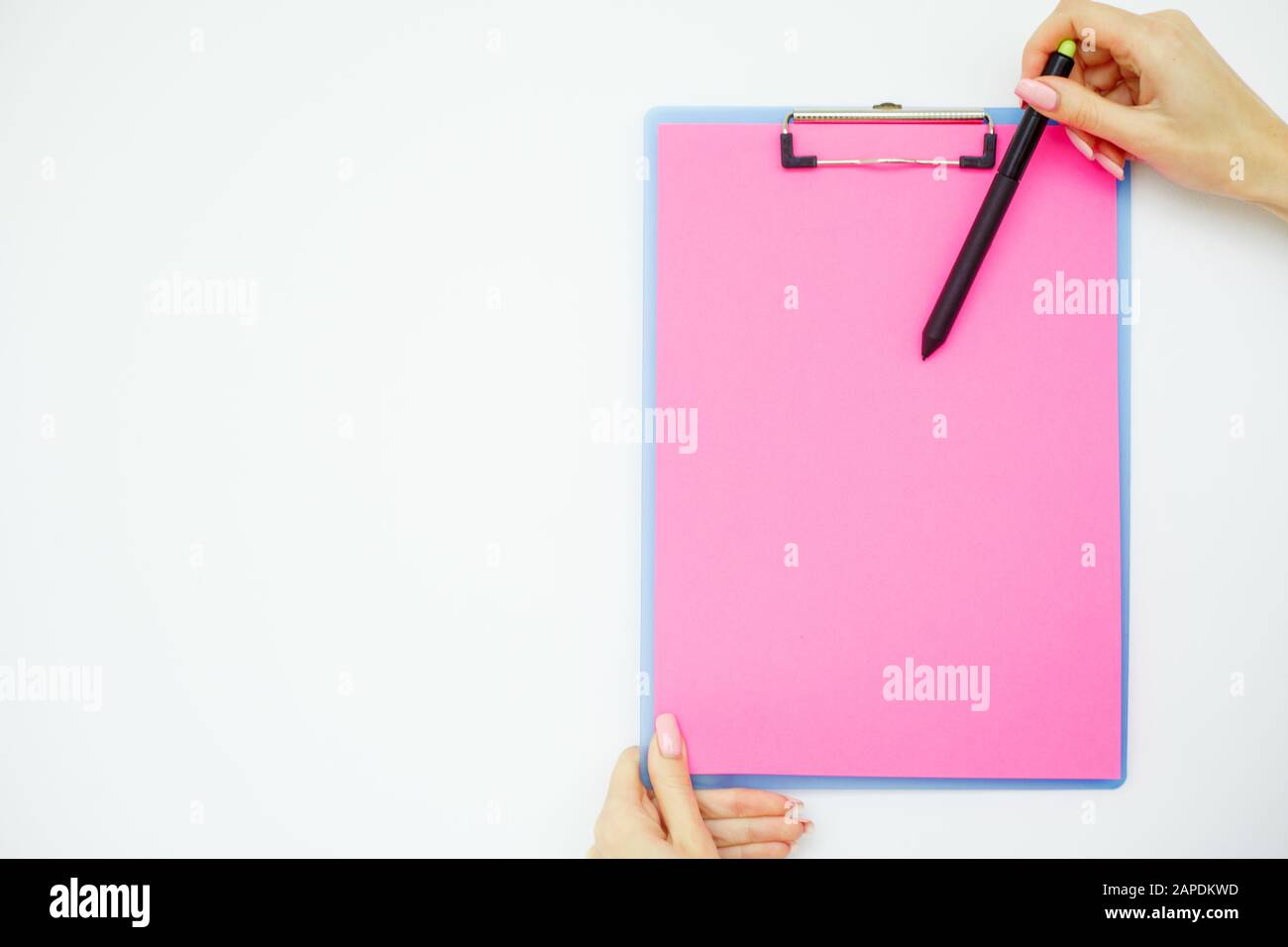 Blank Folder with Pink Paper. Hand that Holding Folder and Pen on White ...