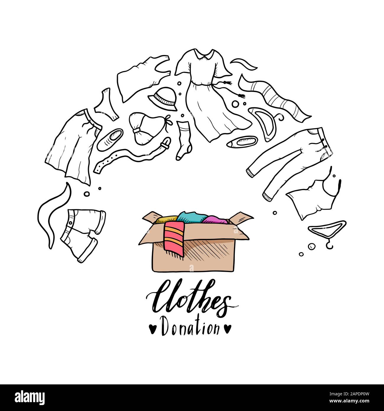 Hand drawn illustration of clothes donate, charity, care concept ...