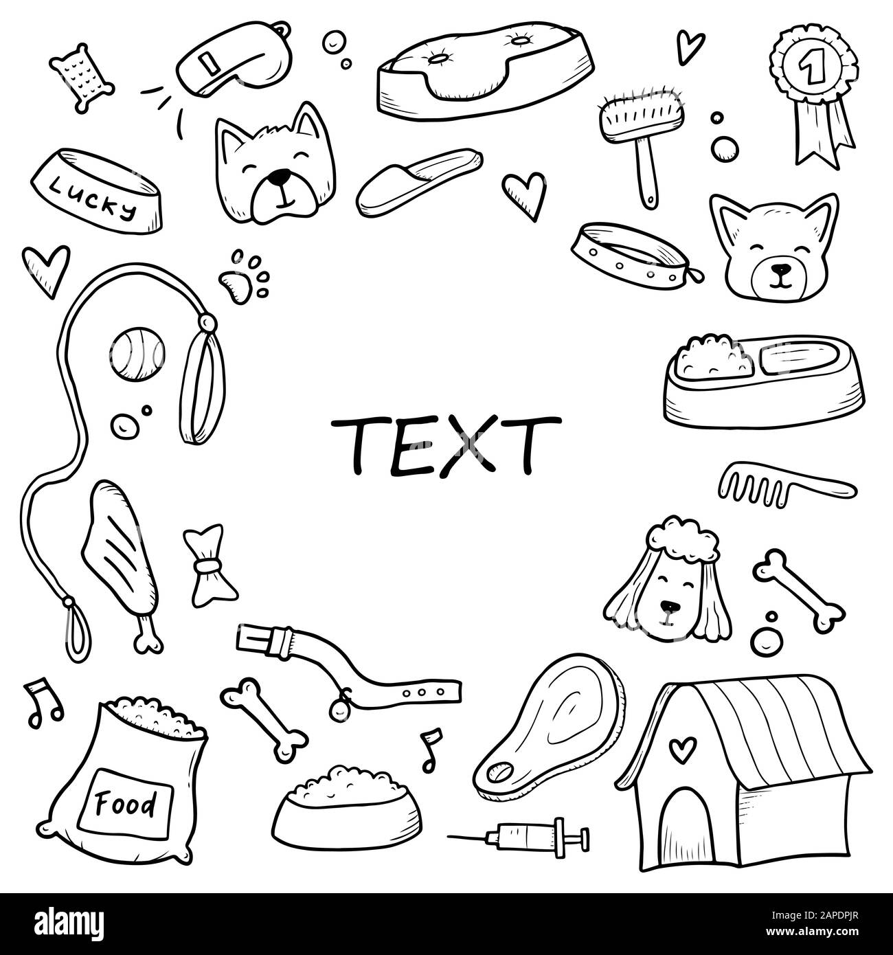 Hand drawn template of dog and pet accessories elements. For the design ...