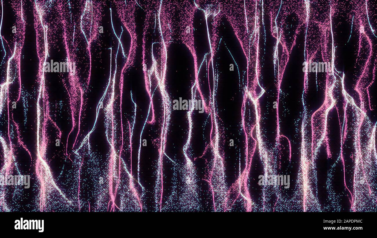 Two color (blue, pink) electric particle flow strands entangle backdrop ...