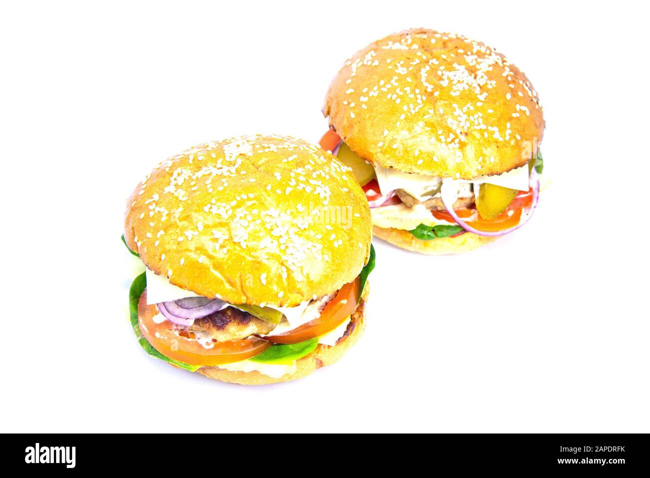 Two hamburgers isolated on a white background front views Stock Photo ...