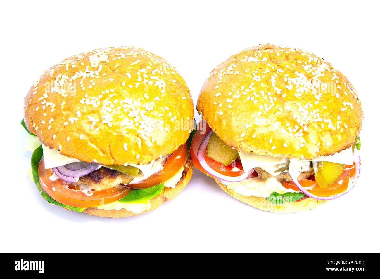 Two hamburgers isolated on a white background front views Stock Photo ...
