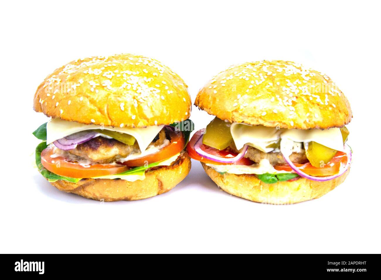 Two hamburgers isolated on a white background front views Stock Photo ...