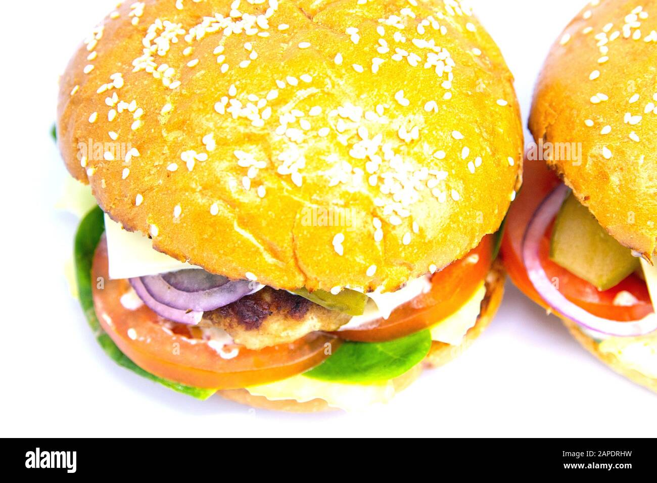 Two hamburgers isolated on a white background front views Stock Photo ...