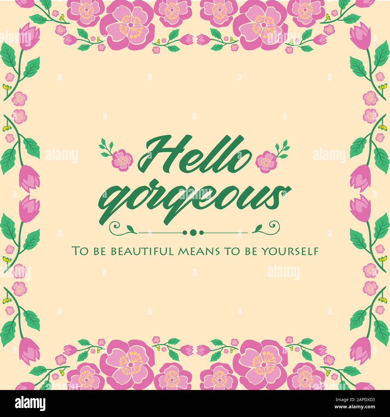The hello gorgeous greeting card design, with leaf and pink floral ...