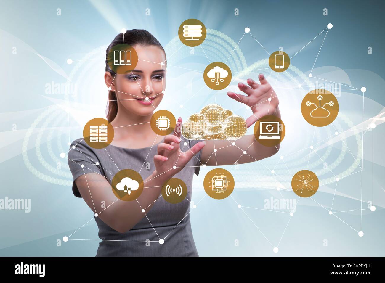 The cloud computing concept with woman pressing buttons Stock Photo - Alamy