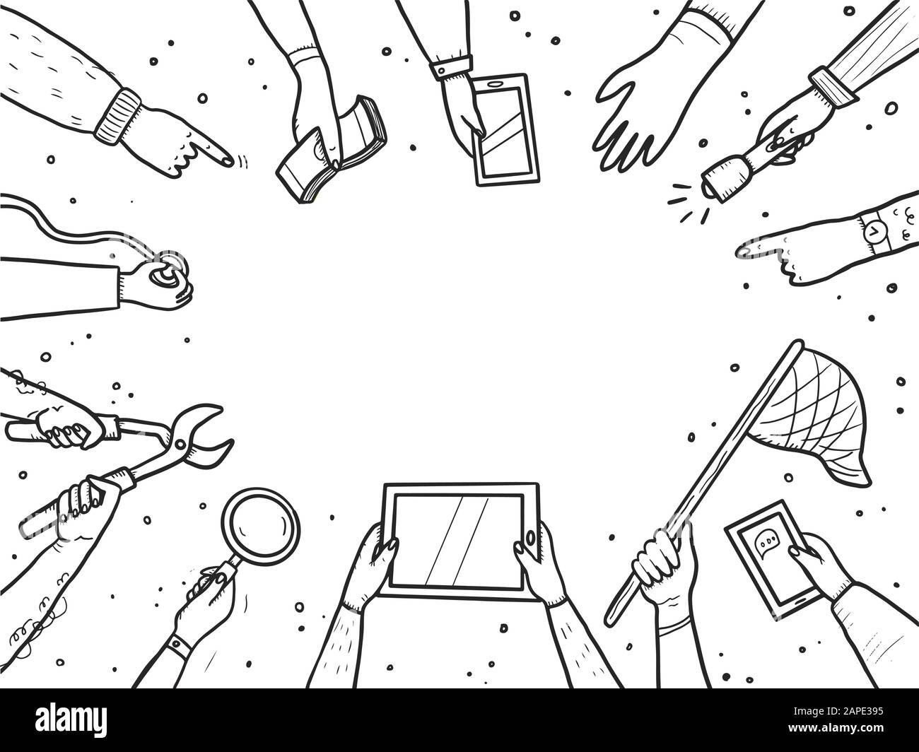 Hand drawn doodle style hands with different elements, tablet ...
