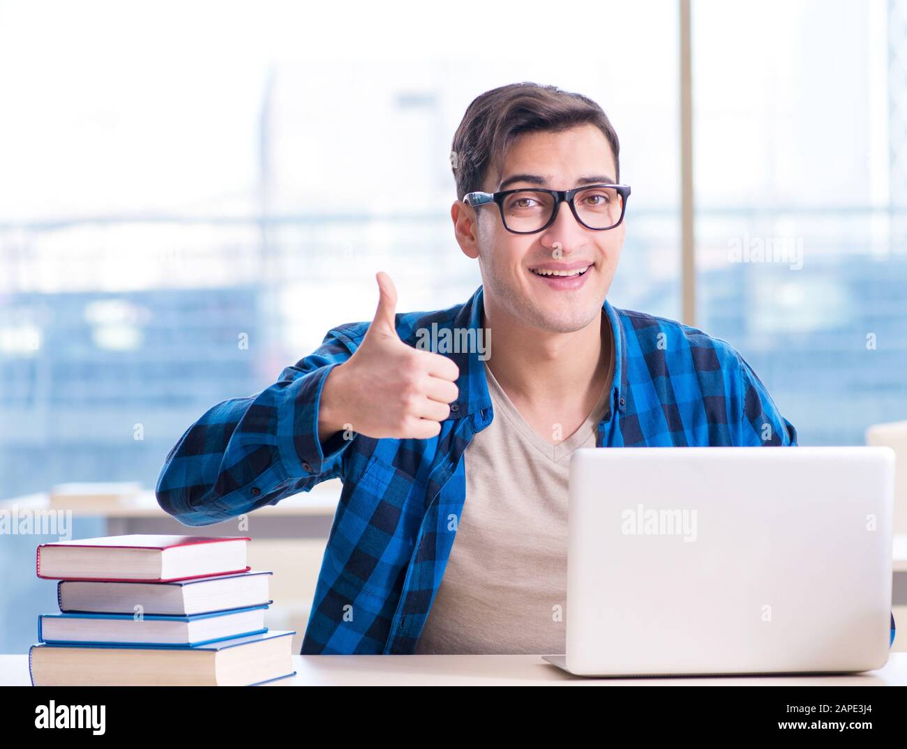 Student in telelearning distance learning concept reading in library ...