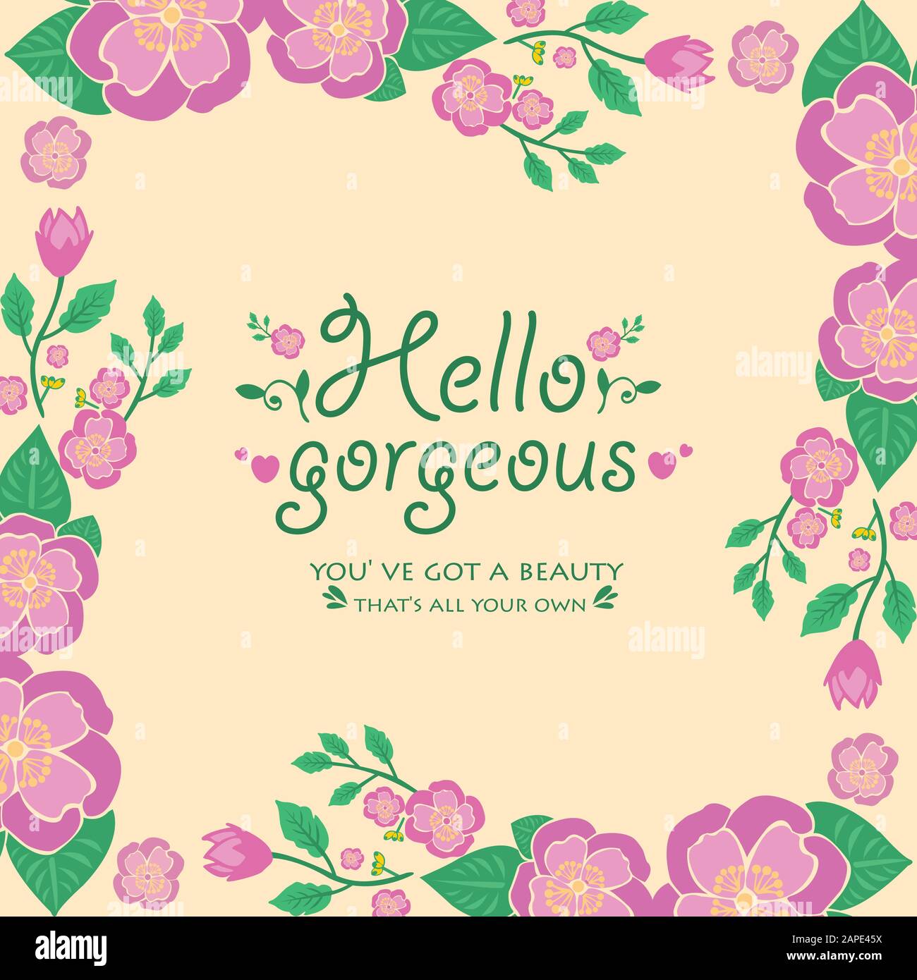 Unique shape of hello gorgeous card design, with beautiful pink wreath frame. Vector Stock ...