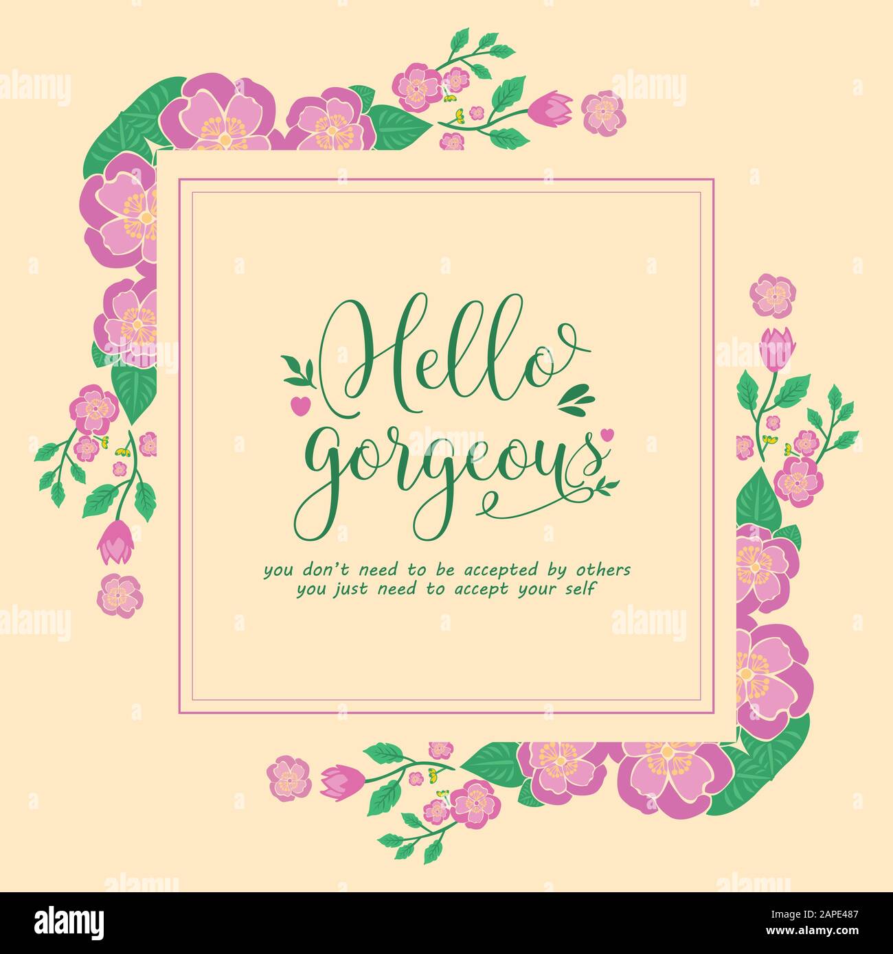 Unique shape of hello gorgeous card design, with beautiful pink wreath frame. Vector Stock ...