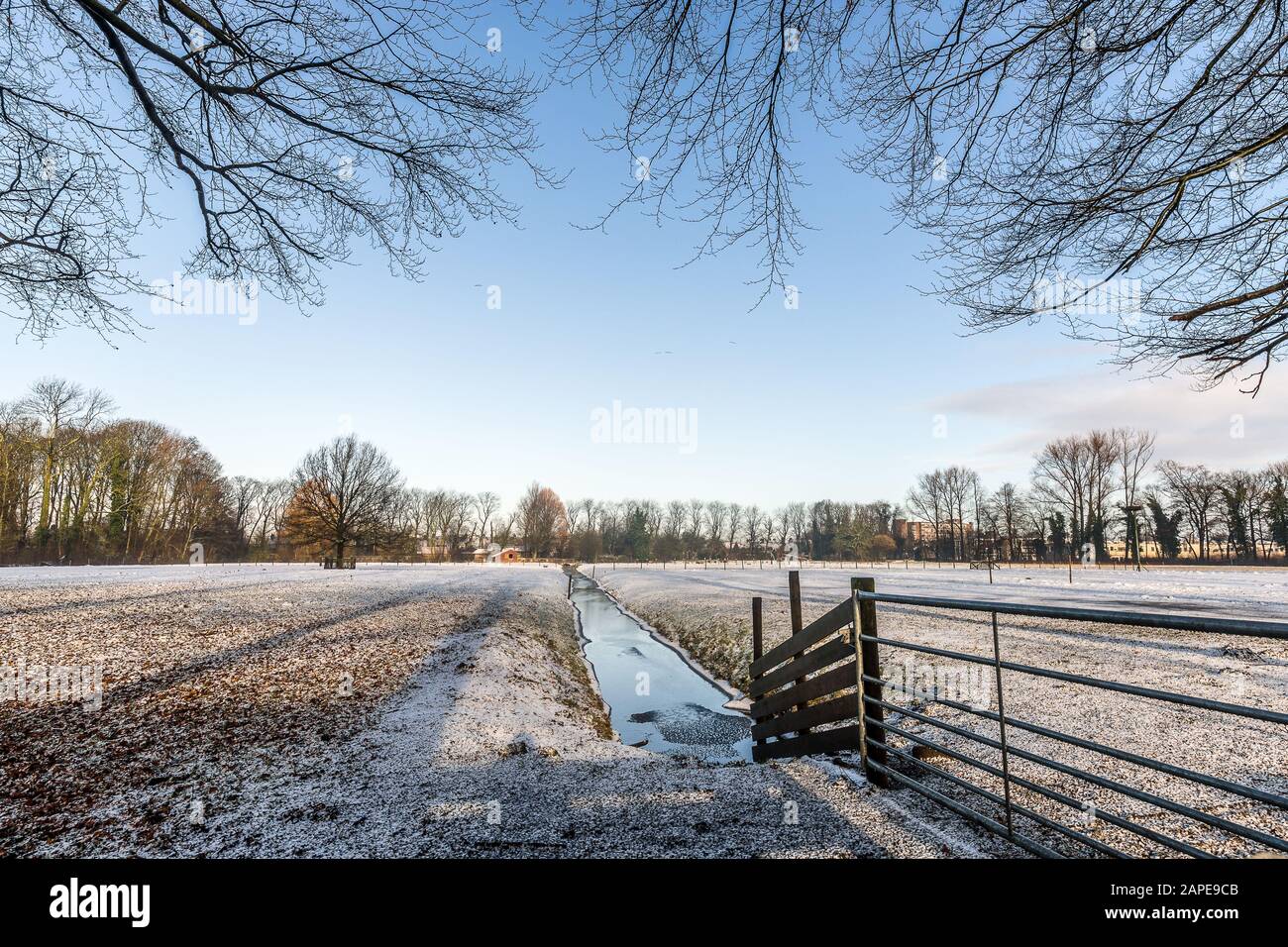 Narrow water stream in the middle of an empty field covered in snow ...