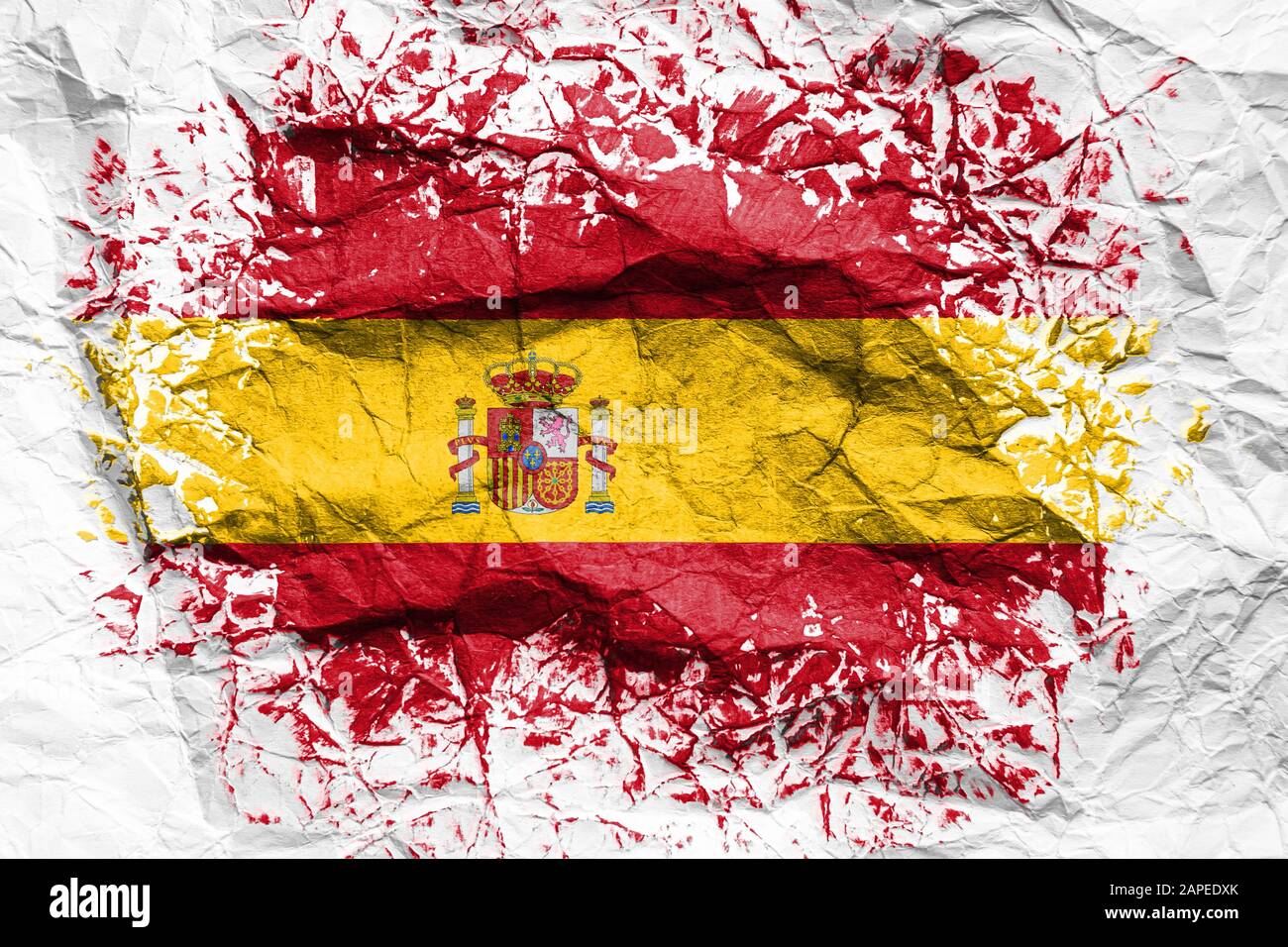 The national flag of the Spain is painted on crumpled paper. Flag ...