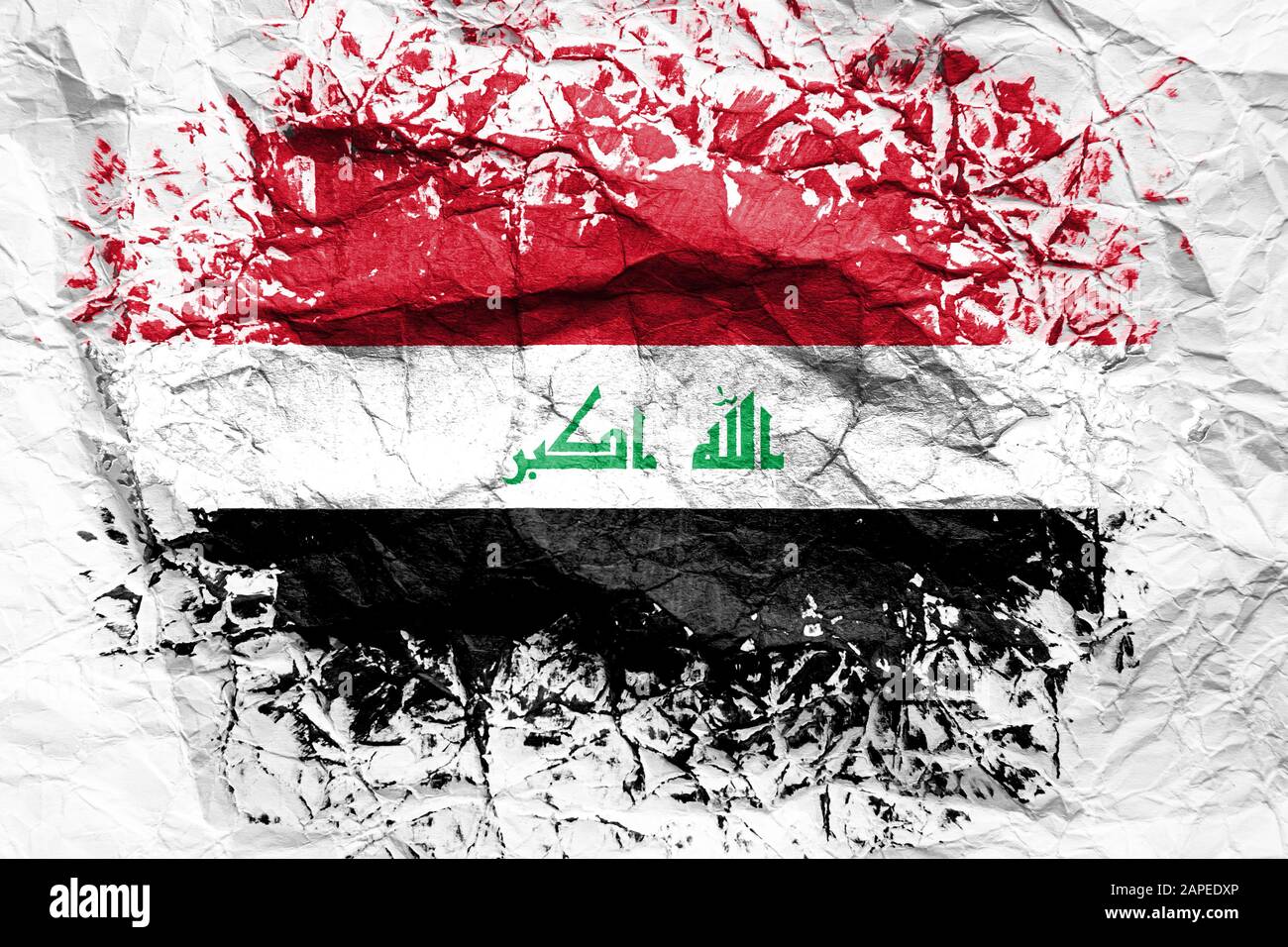 The national flag of the Irak is painted on crumpled paper. Flag ...