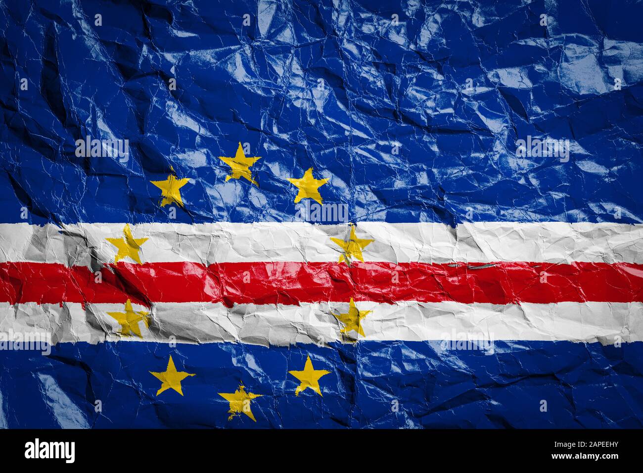 National flag of Cape Verde on crumpled paper. Flag printed on a sheet ...
