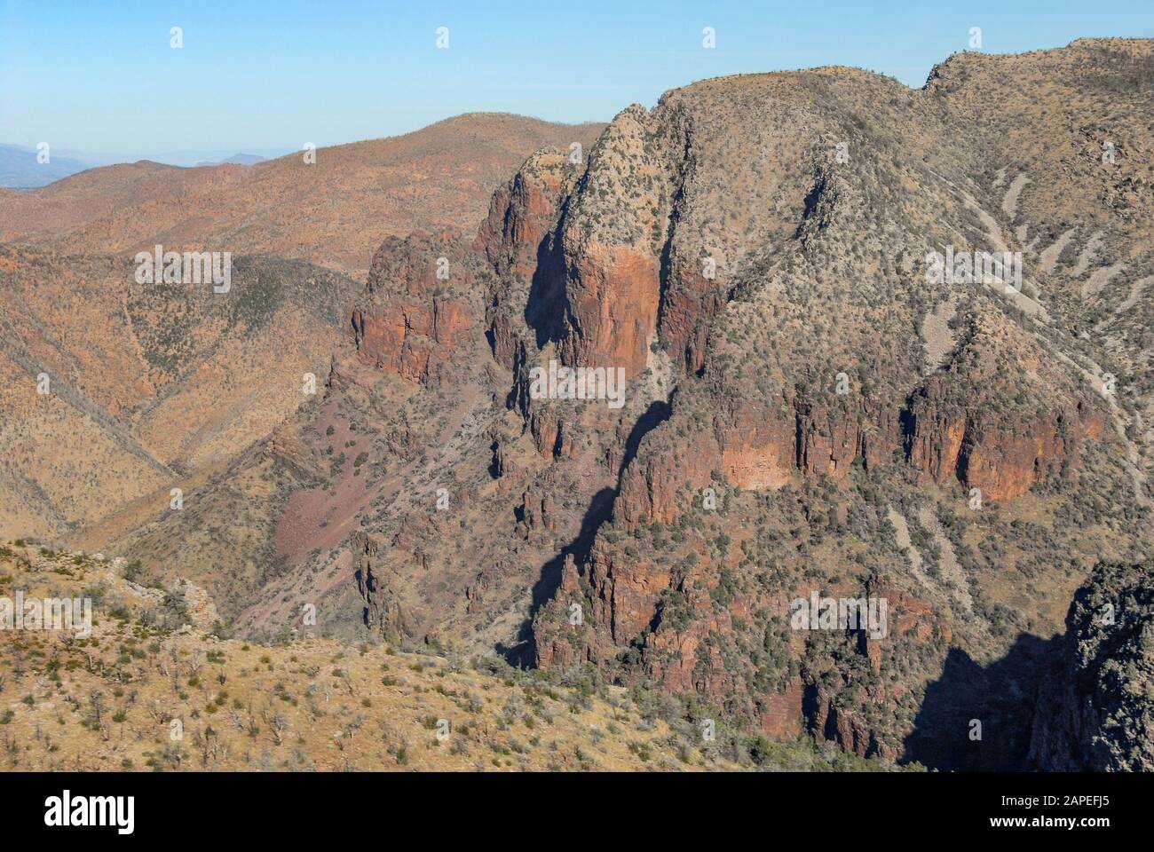 Aerial helicopter view of rugged terrain in the Arizona desert. (USA ...