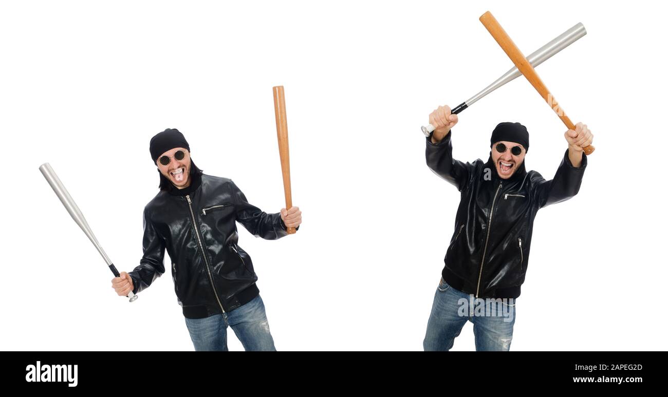 The aggressive man with baseball bat on white Stock Photo - Alamy