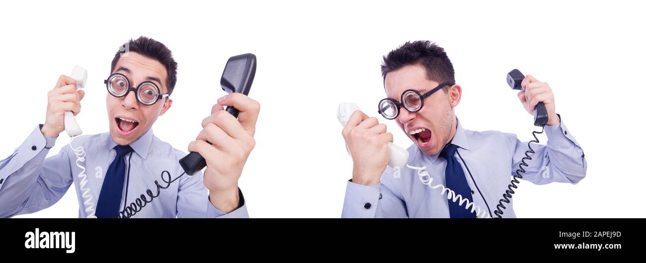 The crazy man with phone on white Stock Photo - Alamy