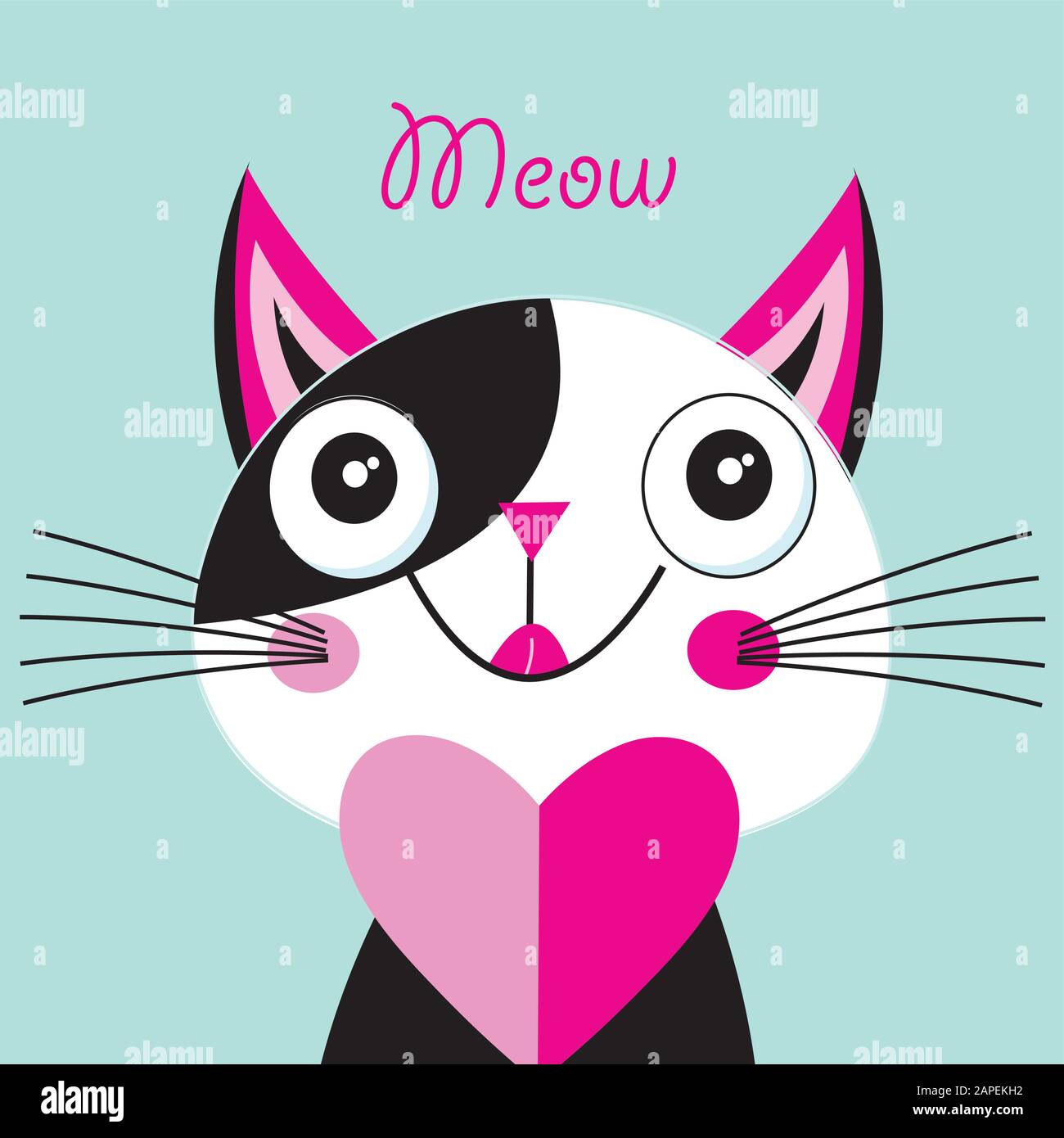 Cheerful portrait of a vector cat in love with a heart on a blue ...