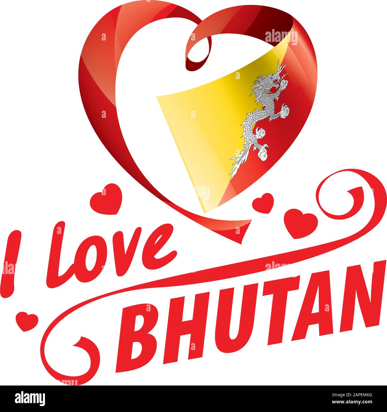 National flag of the Bhutan in the shape of a heart and the inscription ...