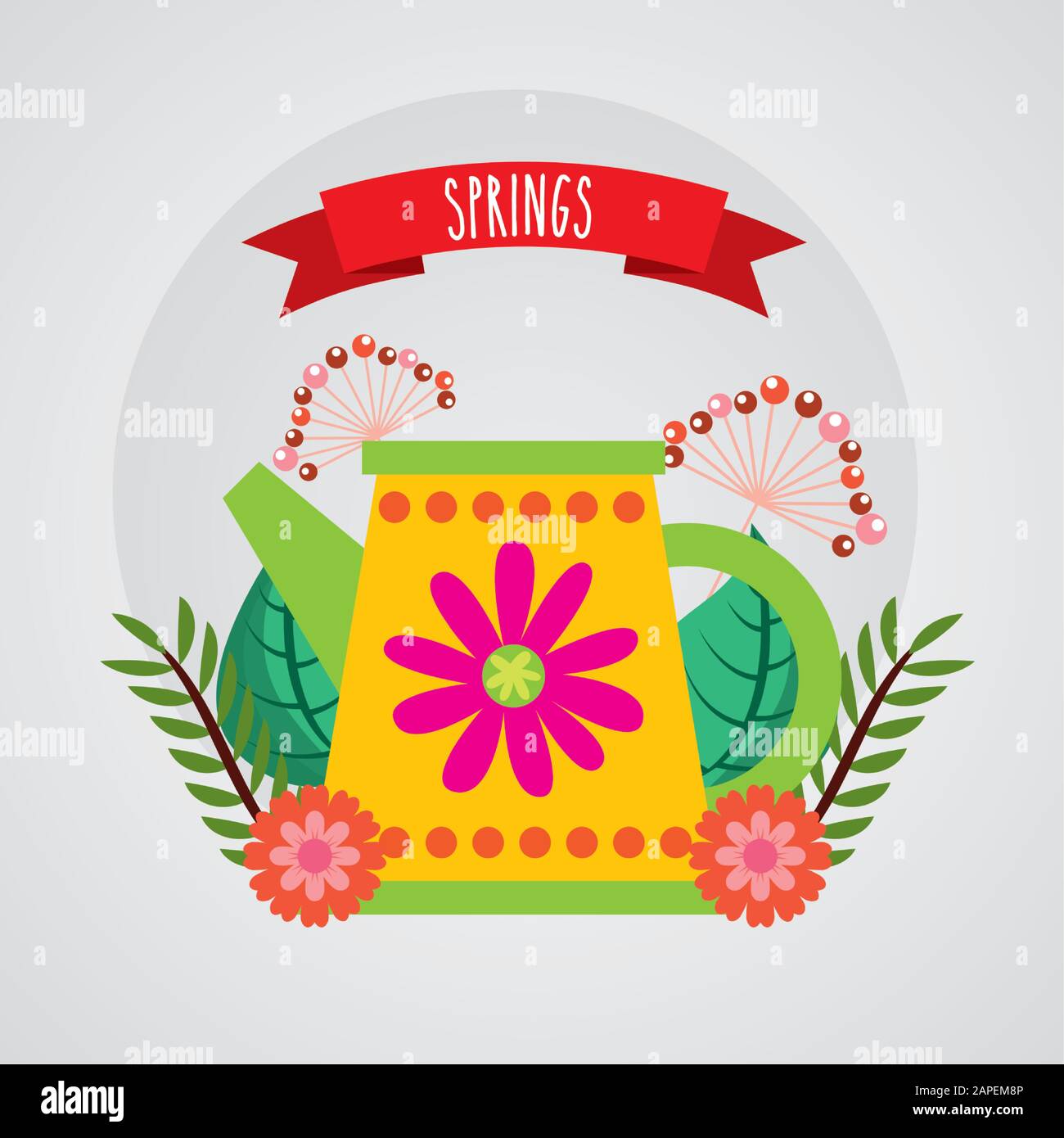 hello spring poster with flowers and sprinkler Stock Vector Image & Art ...