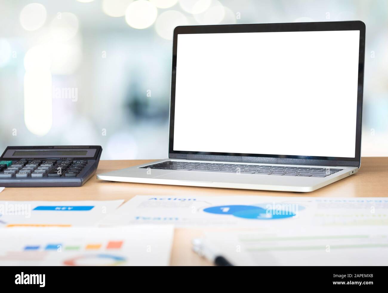 mockup laptop computer screen with business chart market,caculator on ...
