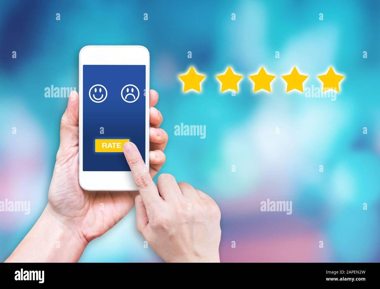 hand click rating on mobile to give satisfaction of service online ...