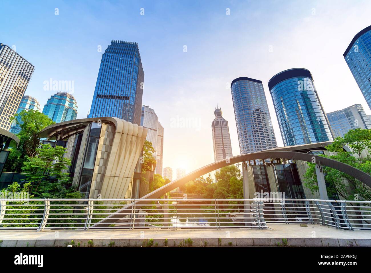 Modern buildings on both sides of the creek, Hangzhou, China Stock ...