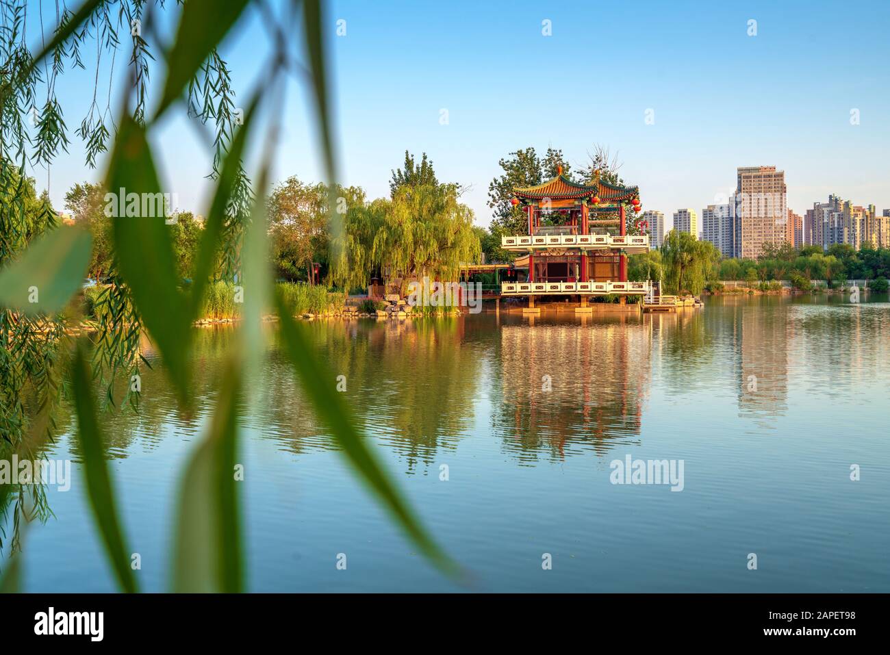 Chinese ancient architecture by the lake, Tianjin, China Stock Photo ...